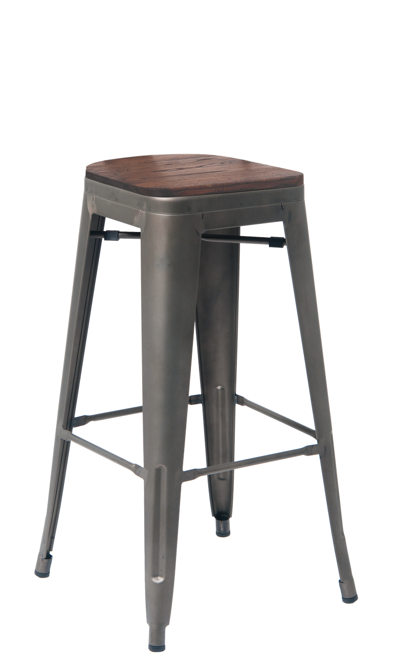 Backless Gunmetal Finish Metal Bar Stool, w/ Wood Seat : Restaurant ...