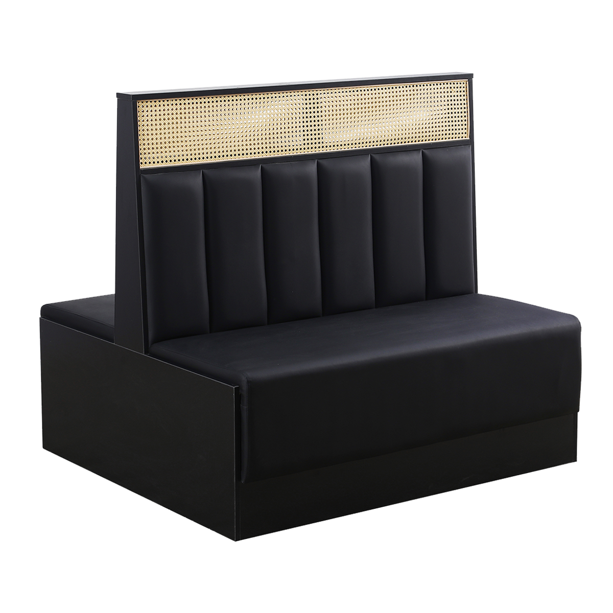 46H, 6-Vertical-Channel Black Vinyl Double Booth with Natural Woven ...