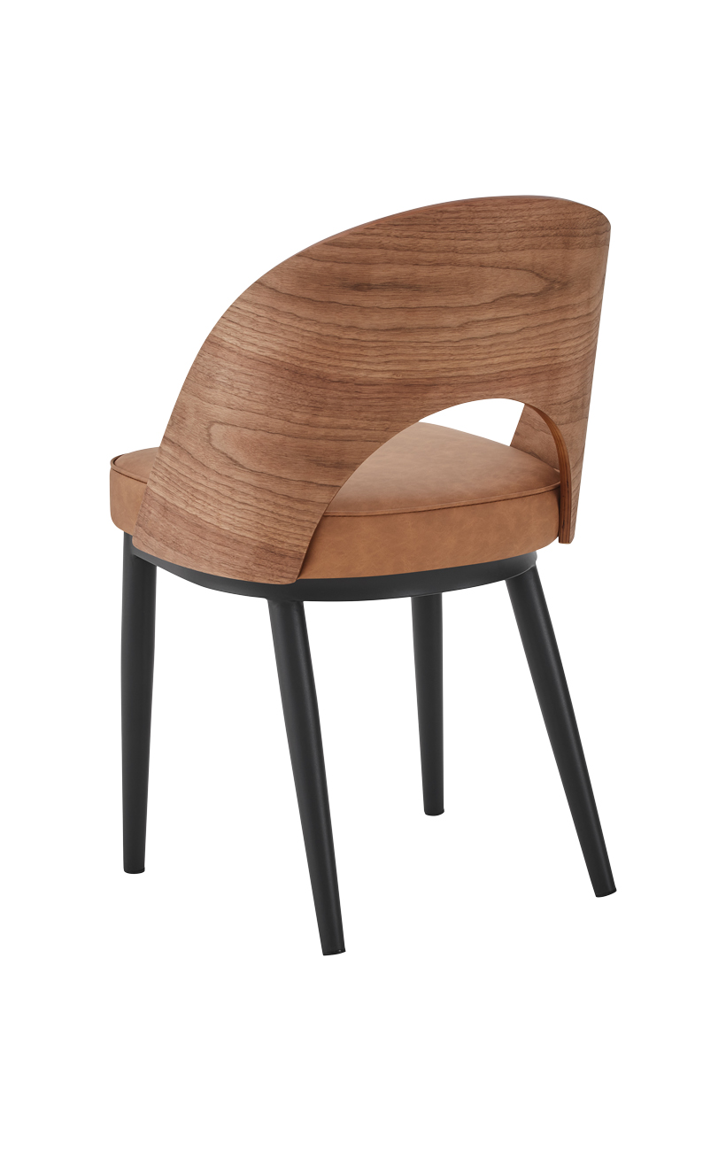 Indoor Black Metal Chair with Veneer Wood Curved Back and Tan Vinyl ...